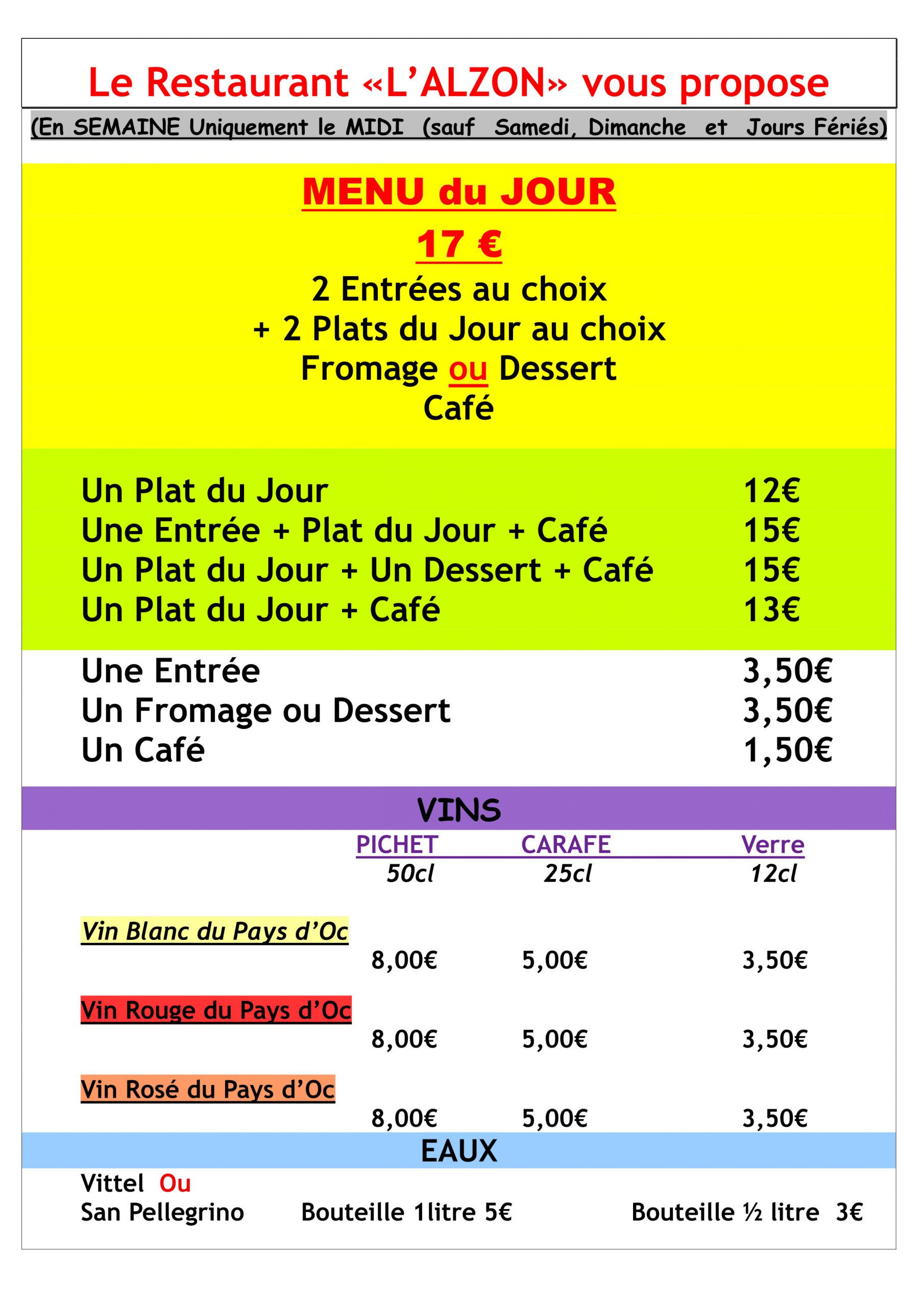 Nos différents menus – Restaurant ALZON